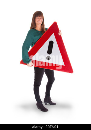 Concept of caution - Woman standing with caution sign, isolated on ...