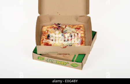 Subway fast food flatizza cheese square pizza in box packaging on white ...