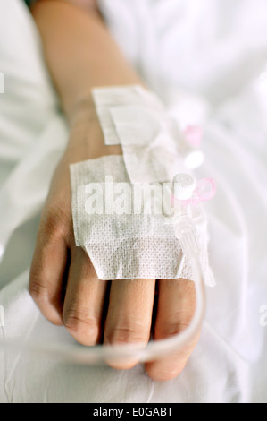 Hand of young woman with drip in hospital bed Stock Photo - Alamy