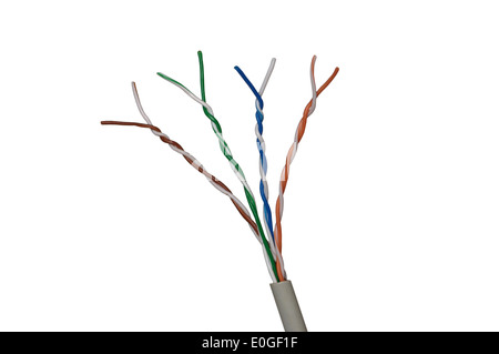 Internet and electric cable on the white background, high angle view ...