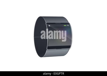 Futuristic black wrist watch with display on white background Stock ...