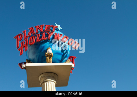 Planet Hollywood sign logo against a vivid blue sky in Las Vegas Nevada ...
