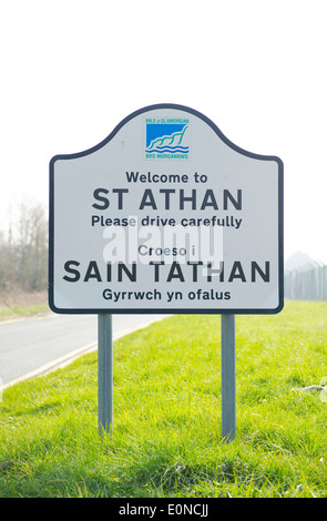 A welcome to St. Athan sign in the Vale of Glamorgan, Wales Stock Photo ...