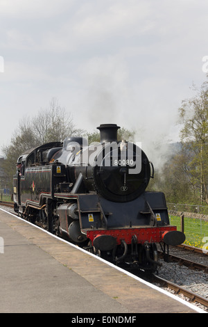 BR Standard class 4 tank engine 80104 steam train departing Corfe ...