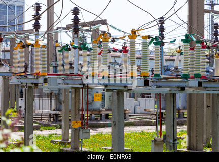 High voltage circuit breaker in a power substation in a white Stock ...