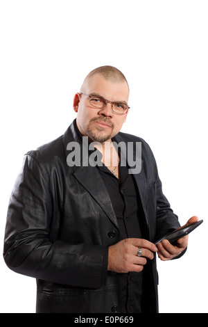 Serious, business man on tablet for research, social media content or ...