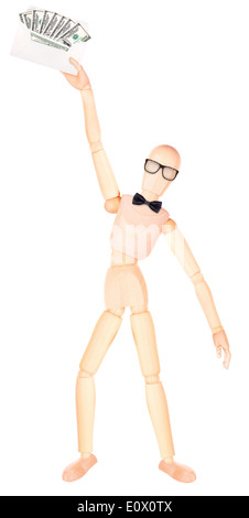 wooden Dummy with envelope full of money Isolated on a white backgrond ...