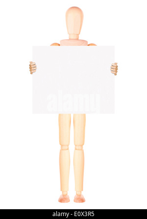 wooden Dummy businessman with empty banner Isolated Over White ...