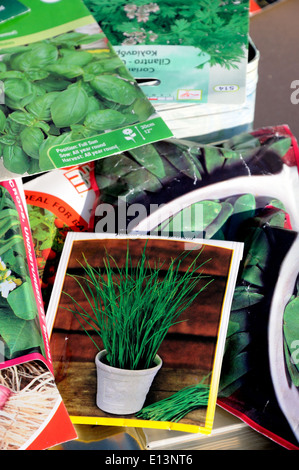 Selection of herb and vegetable seed packets, England, UK, Western ...