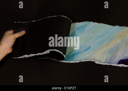 Ripped paper on painting sky background Stock Photo - Alamy