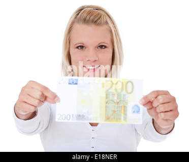 Female person holding 200 euro bills in her hand Stock Photo - Alamy