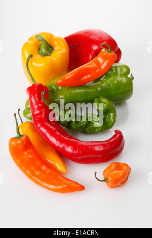 assorted fresh chili peppers on white background Stock Photo - Alamy