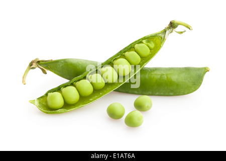 Open pea pod and round green peas inside, green leaf with a pointed tip ...