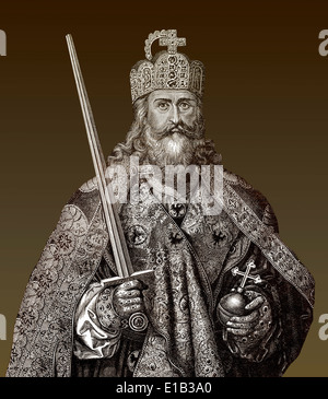 Charlemagne, wearing the Imperial Regalia, Charles the Great or Carolus ...