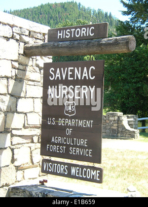The Welcome Sign at the Historic Savenac Tree Nursery in Montana marks ...