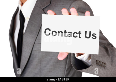 Business contact us card shown in businessman isolated on white ...