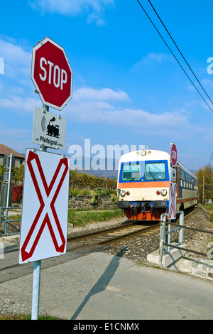 A level crossing of a railway without barriers. Only by traffic sign ...