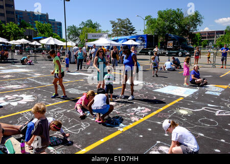 Denver, Colorado USA – 31 May 2014. Bowls of colorful chalk line the ...