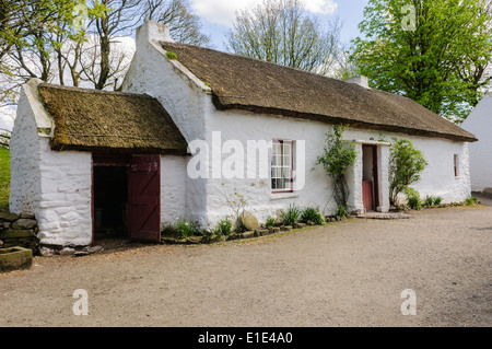 A traditional Irish rural farm building with thatched roof and ...