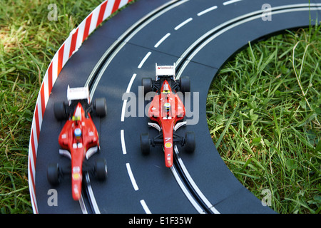 playing with racetrack outside in green lawn, garden, summer, formula 1 ...