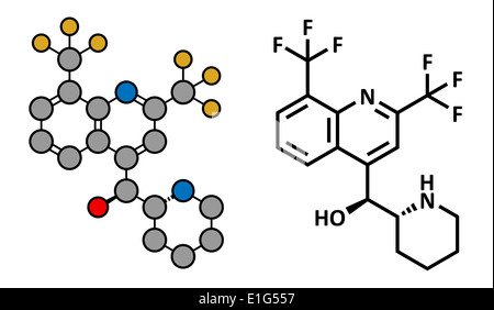 Mefloquine malaria drug, chemical structure. Atoms are represented as ...