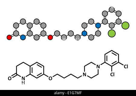 Aripiprazole antipsychotic drug, chemical structure. Atoms are ...