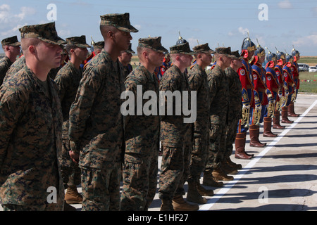U.S. Marines stand in formation on the flight deck aboard the USN Wasp ...