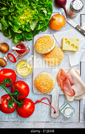 Ingredients of burgers on light ground Stock Photo - Alamy