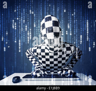 Hacker in body mask decoding information from futuristic network ...