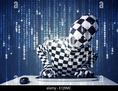 Hacker in body mask decoding information from futuristic network ...