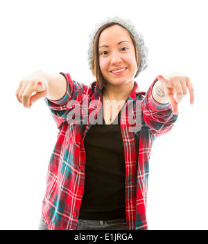 Woman smiling with both hands outstretched towards the sky Stock Photo ...