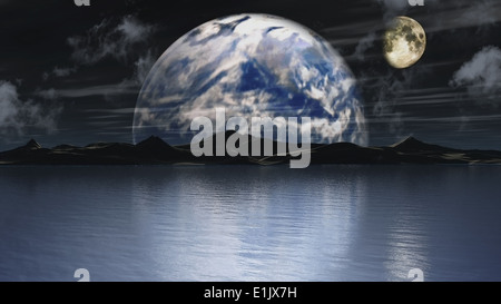 3D render of the Earth and moon setting over a sea scene Stock Photo ...