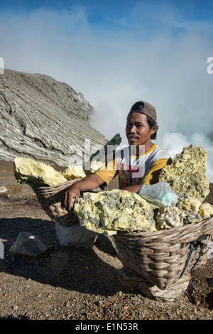 portrait of a sulphur miner in the Kawah Ijen volcanic crater, Java ...