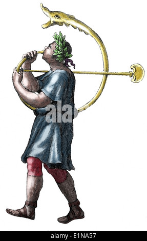 Buccina played by a buccinator, ancient brass instrument bent in C ...