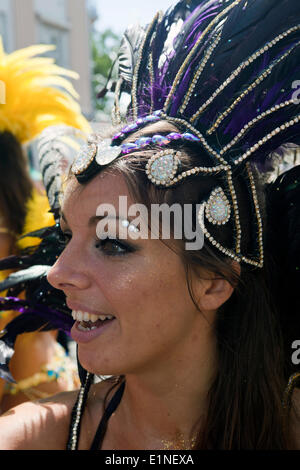 Copenhagen, Denmark – June 7th, 2014: Samba dancing women in colorful ...