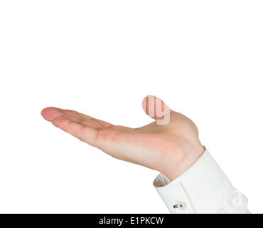 Businessman holding hand out in presentation on white background Stock ...