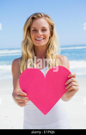 Portrait of young woman showing heart, love like gesture and smiling, standing in casual t-shirt ...