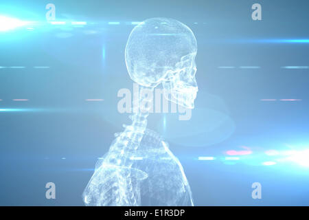 Skeleton graphic on blue with lights against doctors and nurse looking ...