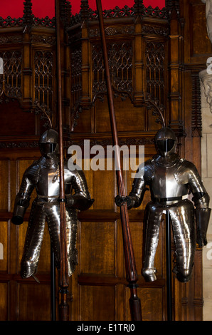 Suits of armour in the Great Hall at Warwick Castle, Warwickshire ...