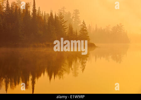 Early morning fog at Lyons Lake, Whiteshell Provincial Park, Manitoba ...