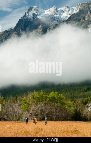 Hikers in a field below the snow-capped Niut Range, Tatlayoko Valley ...