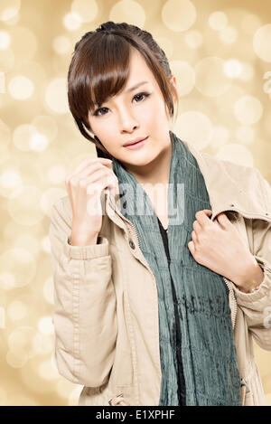 Modern Asian woman with winter coat, full length portrait isolated on ...