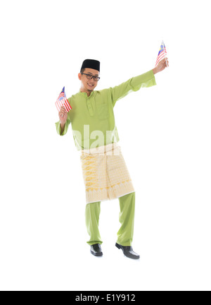 cheerful malay male with malaysian flag full body isolated on white ...
