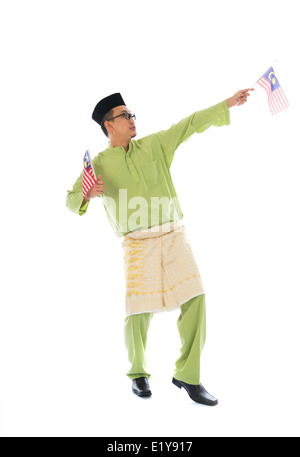 cheerful malay male with malaysian flag full body isolated on white ...