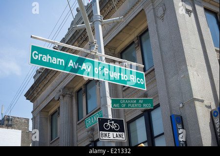 The Avenue of Puerto Rico, or Graham Ave, street signs in Brooklyn, New ...