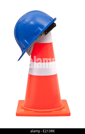 Blue and yellow traffic cone warning of danger overhead cables Stock ...