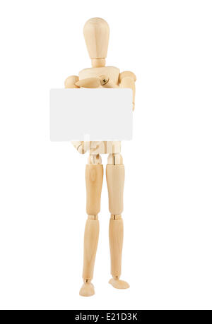 wooden Dummy businessman with with empty banner Isolated Over White ...