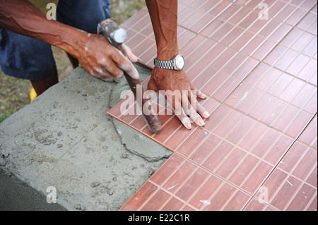Construction worker installing tiles on a wall Stock Photo - Alamy