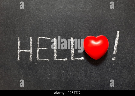 hello exclamation handwritten on chalkboard with heart symbol instead ...