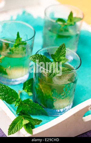 Peppermint tea and fresh peppermint leaves on white background Stock ...